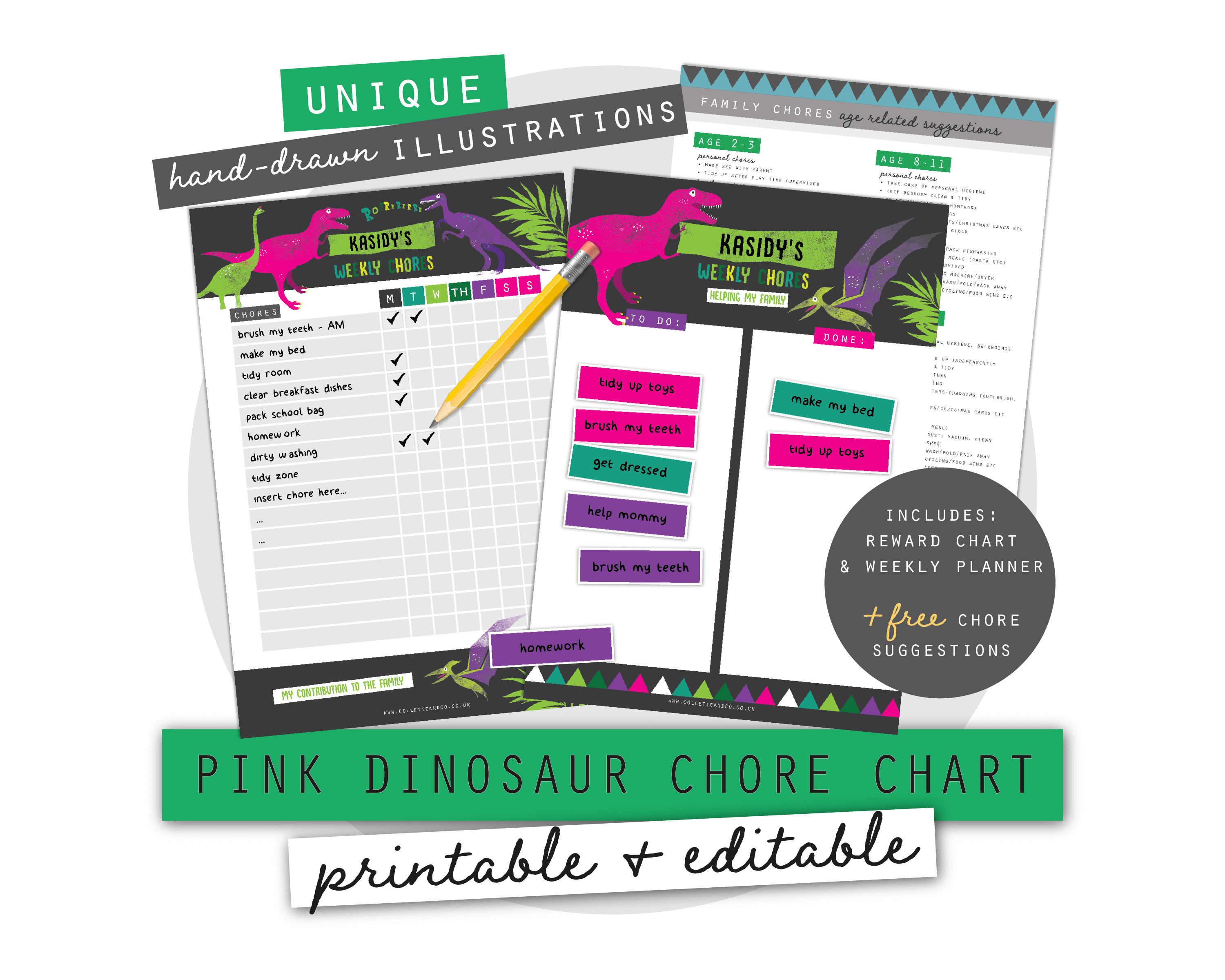 Pink Dinosaur Printable Chore Charts
