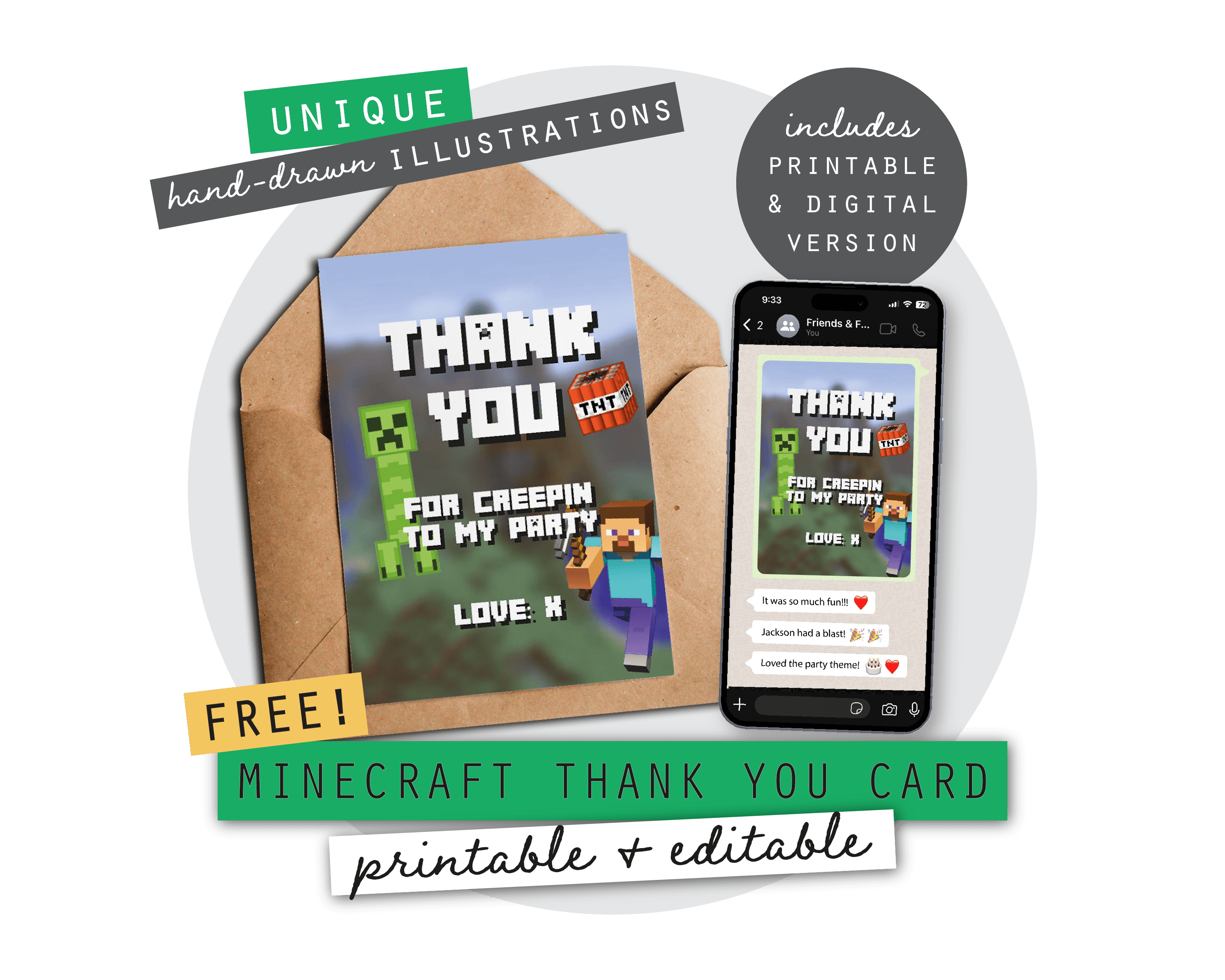 FREE Minecraft Party Printable Thank You Card