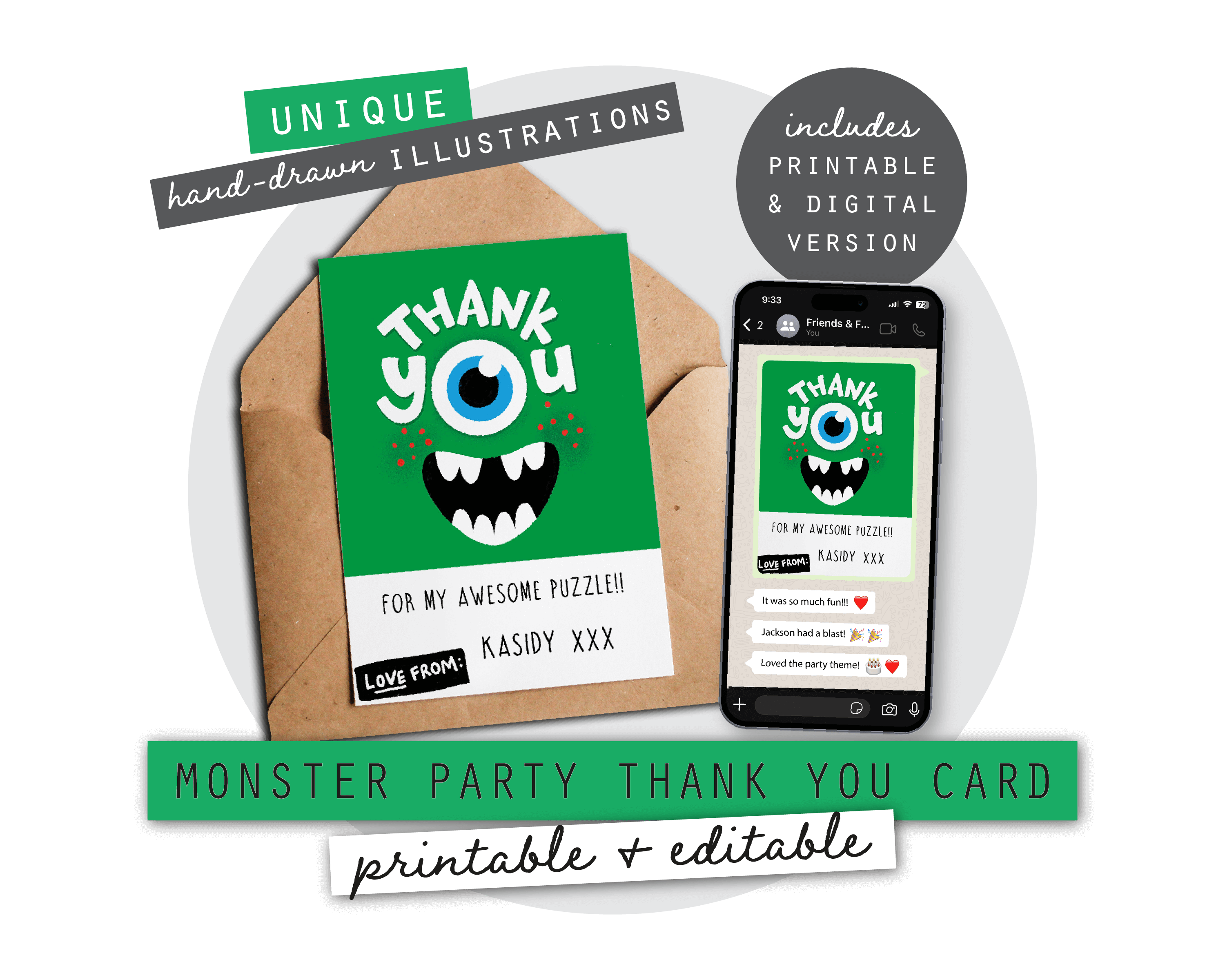 Monster Party Printable Thank You Card