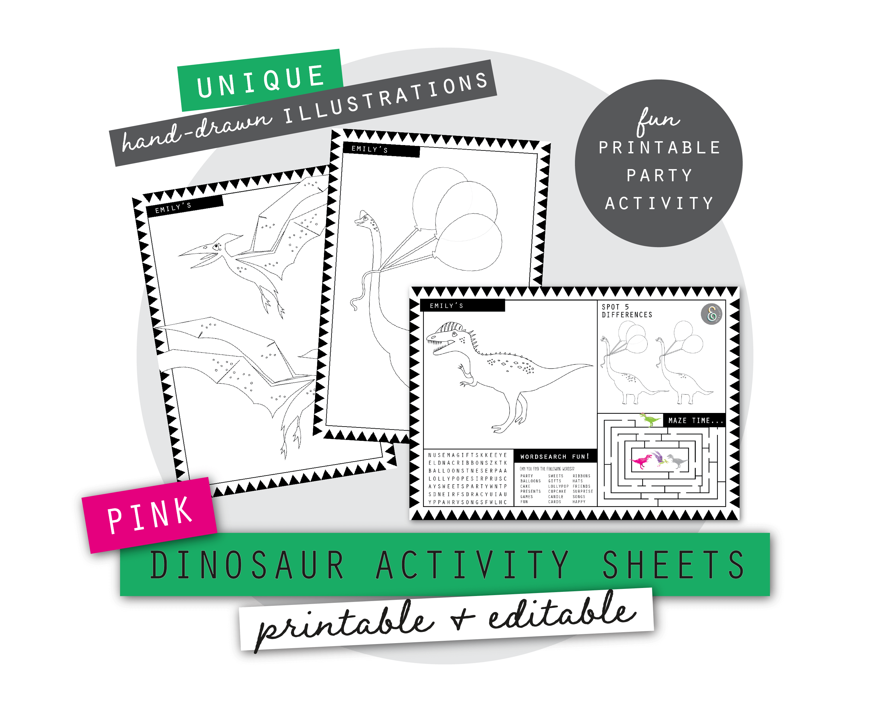 Pink Dinosaur Party Printable Activity Sheet & Colouring Pages