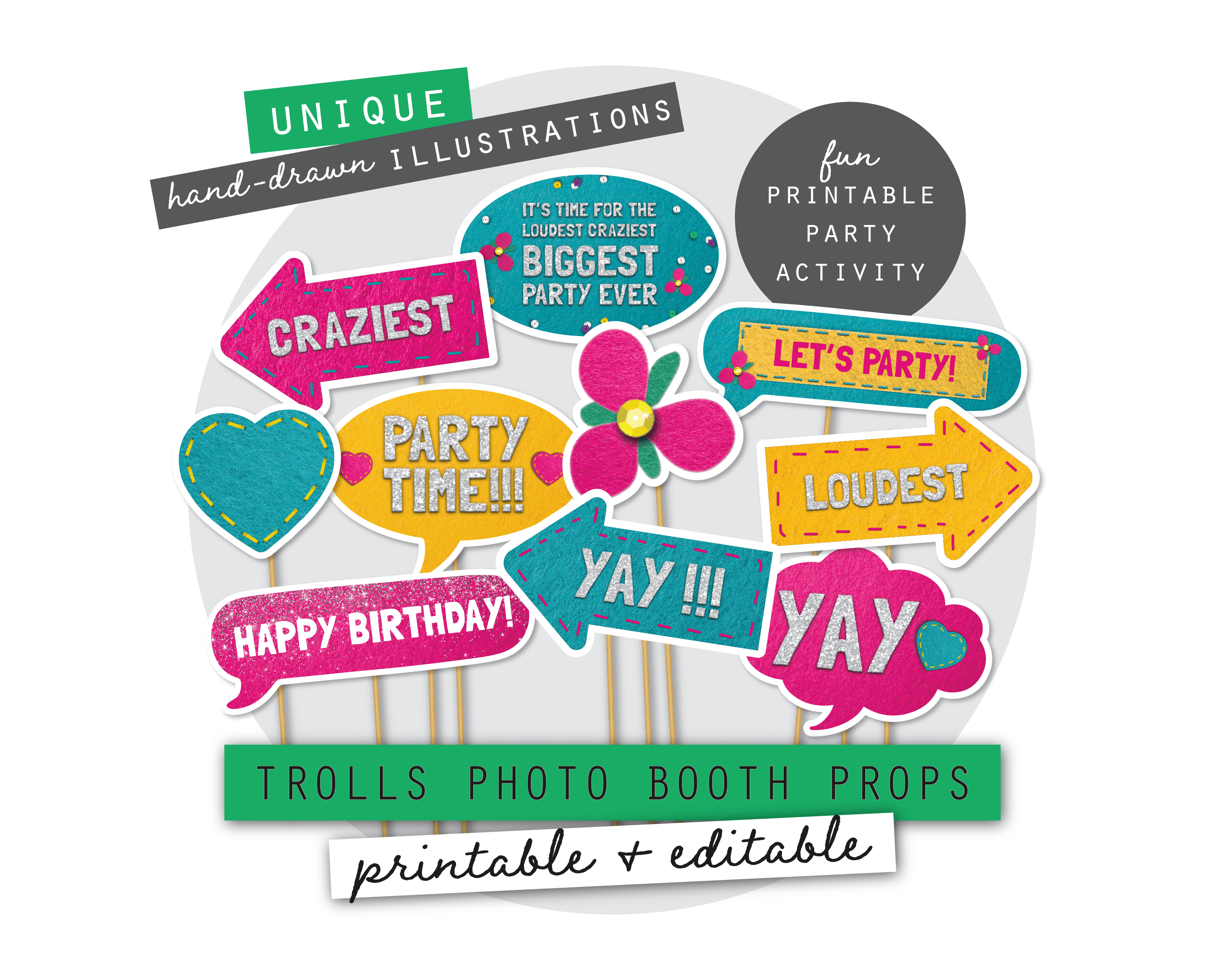Trolls Party Printable Photo Booth Signs